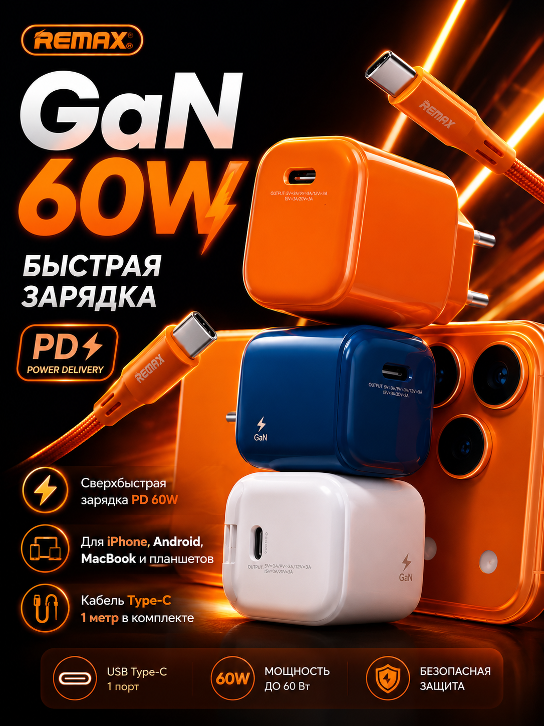 Зарядное устройство GaN 60W Remax Type-C PD быстрая зарядка + кабель USB-C 1м, сетевой адаптер 60Вт для iPhone 15 / Samsung / Xiaomi / MacBook / планшета
