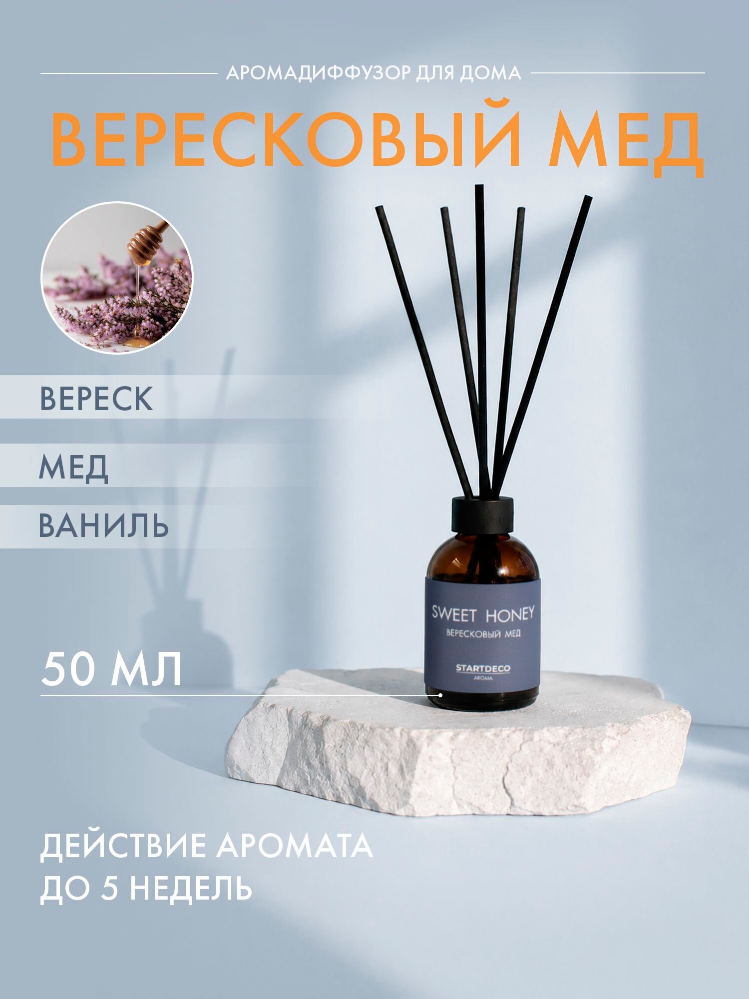 Аромадиффузор с палочками, 50 мл, Вересковый мед, для дома. Stardeco