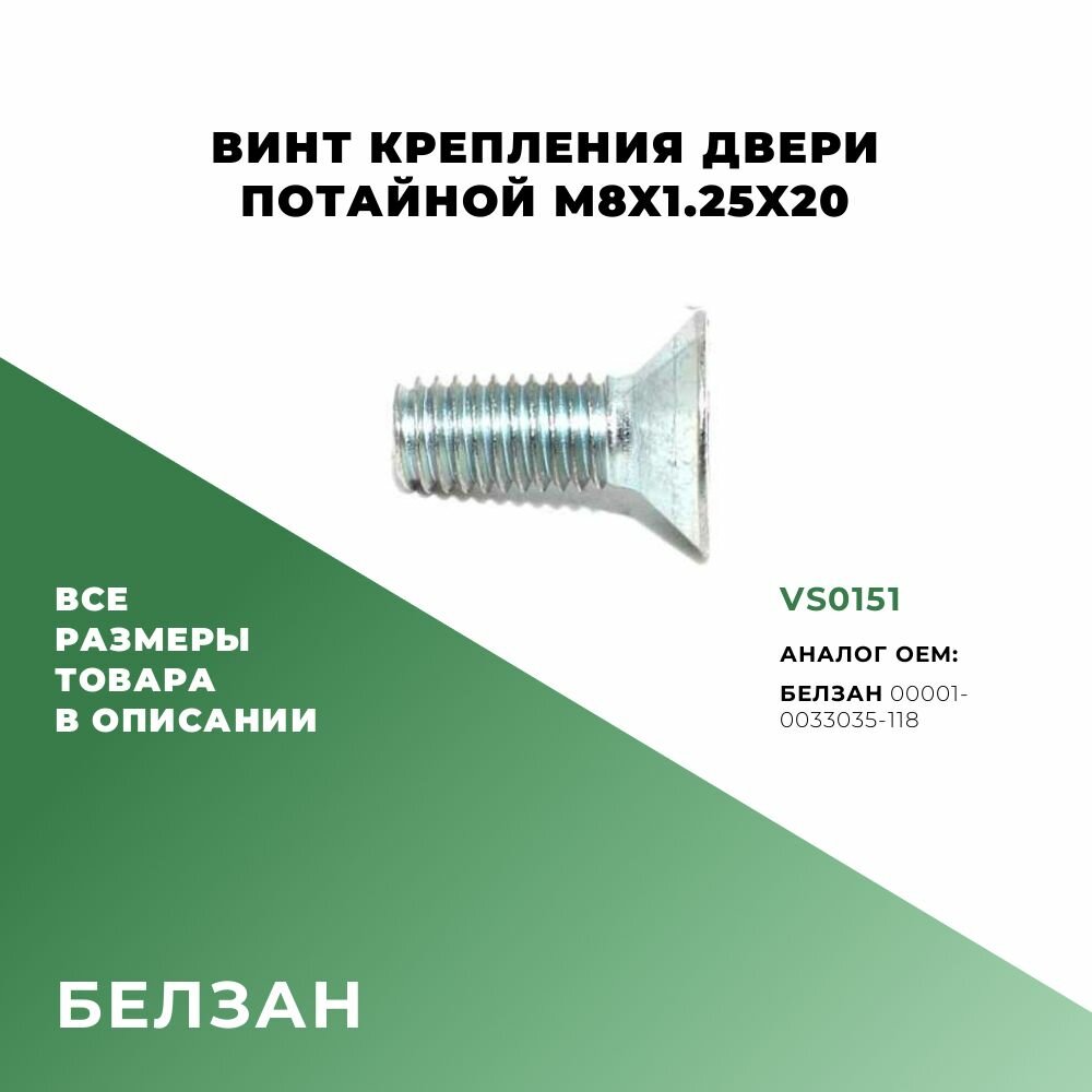 Винт двери потайной M8х20х1,25; БелЗАН 00001-0033035-118; VS0151 - 10 шт.