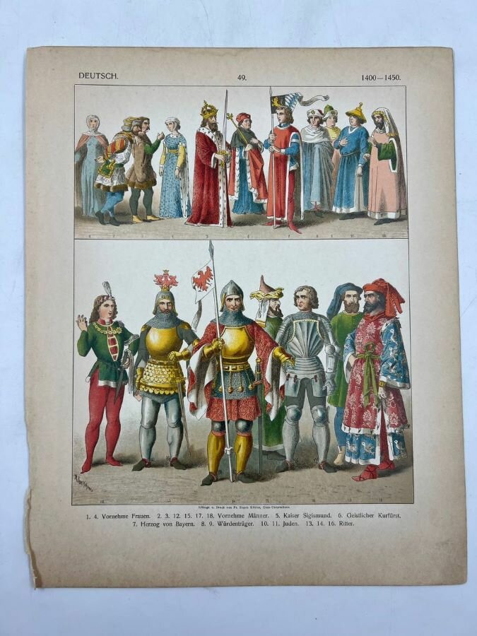 " Мужские костюмы различных сословий. Германия. 1400-1500 годы" Хромолитография из Книги по истории костюма изданной в Германии, между 1876 и 1888. 32х24,5 см П3097