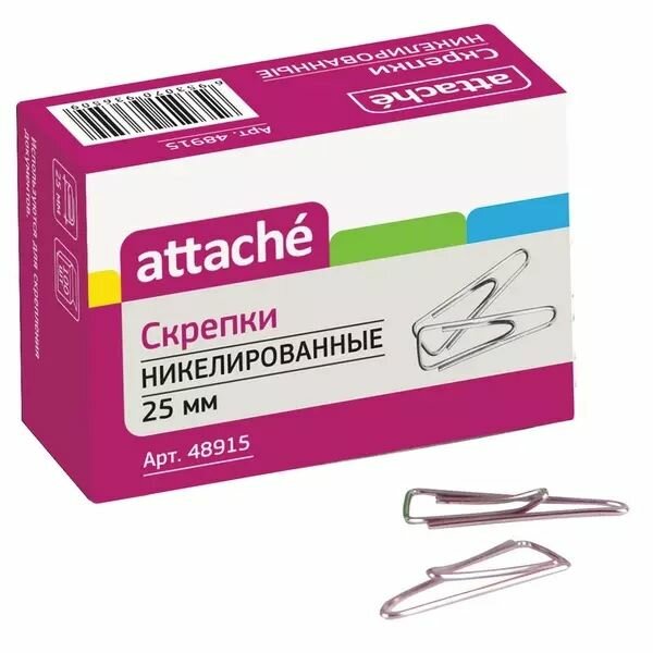 Скрепки 25мм. Attache никелир, треугольн, с отгибом, 100шт. (48915)