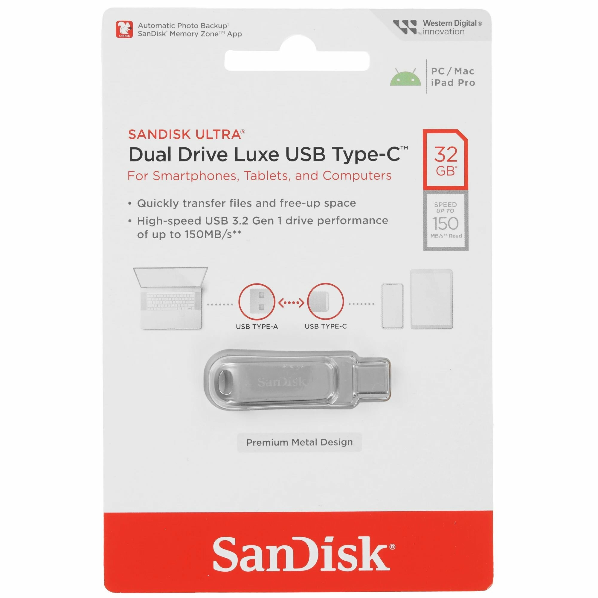 Память USB Flash 32 ГБ SANDISK Ultra Dual Drive Luxe (SDDDC4-032G-G46) - USB3.2