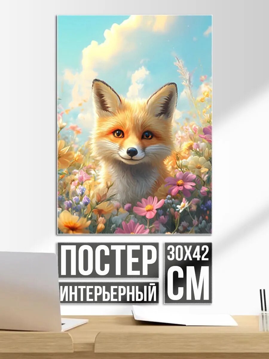Постер на стену Лиса в цветочном поле