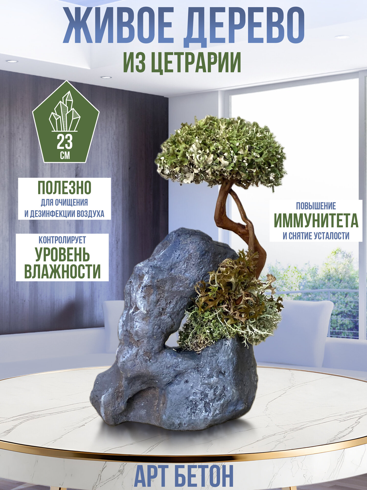 Дерево с живым мхом Цетрарии. Камень из арт бетона