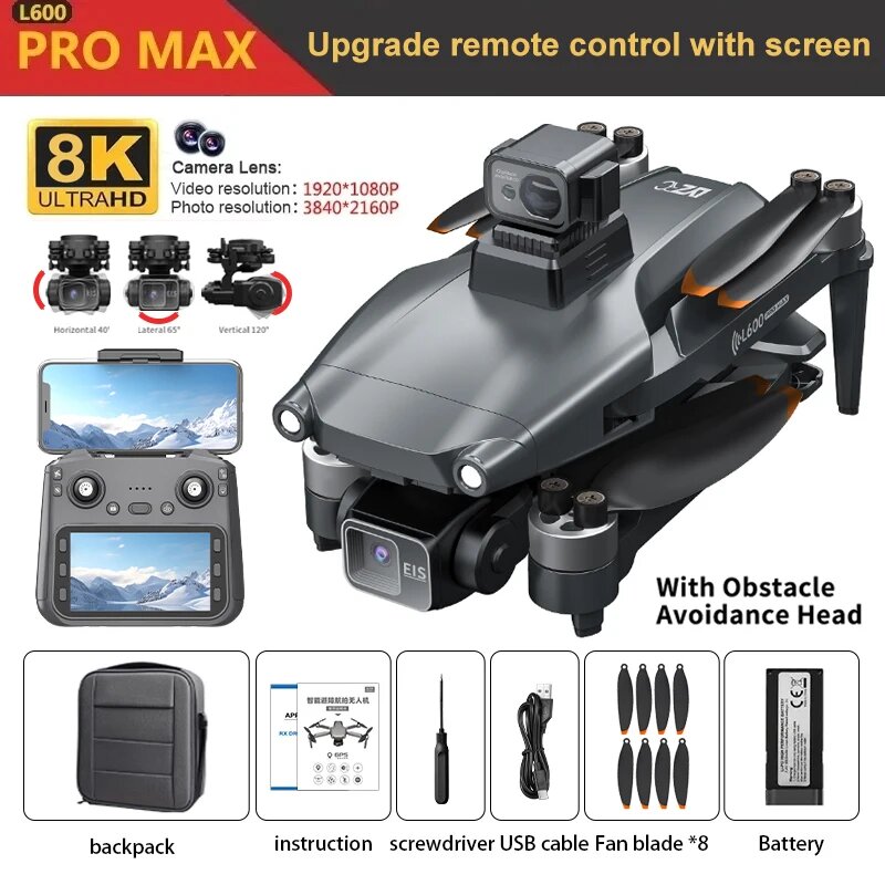 Дрон L600 PRO MAX GPS профессиональный с камерой 4K, 3-осевым гибелем, беспилотным летательным аппаратом UVA, 5G FPV, системой обхода препятствий Brush Avoiding, складным квадрокоптером