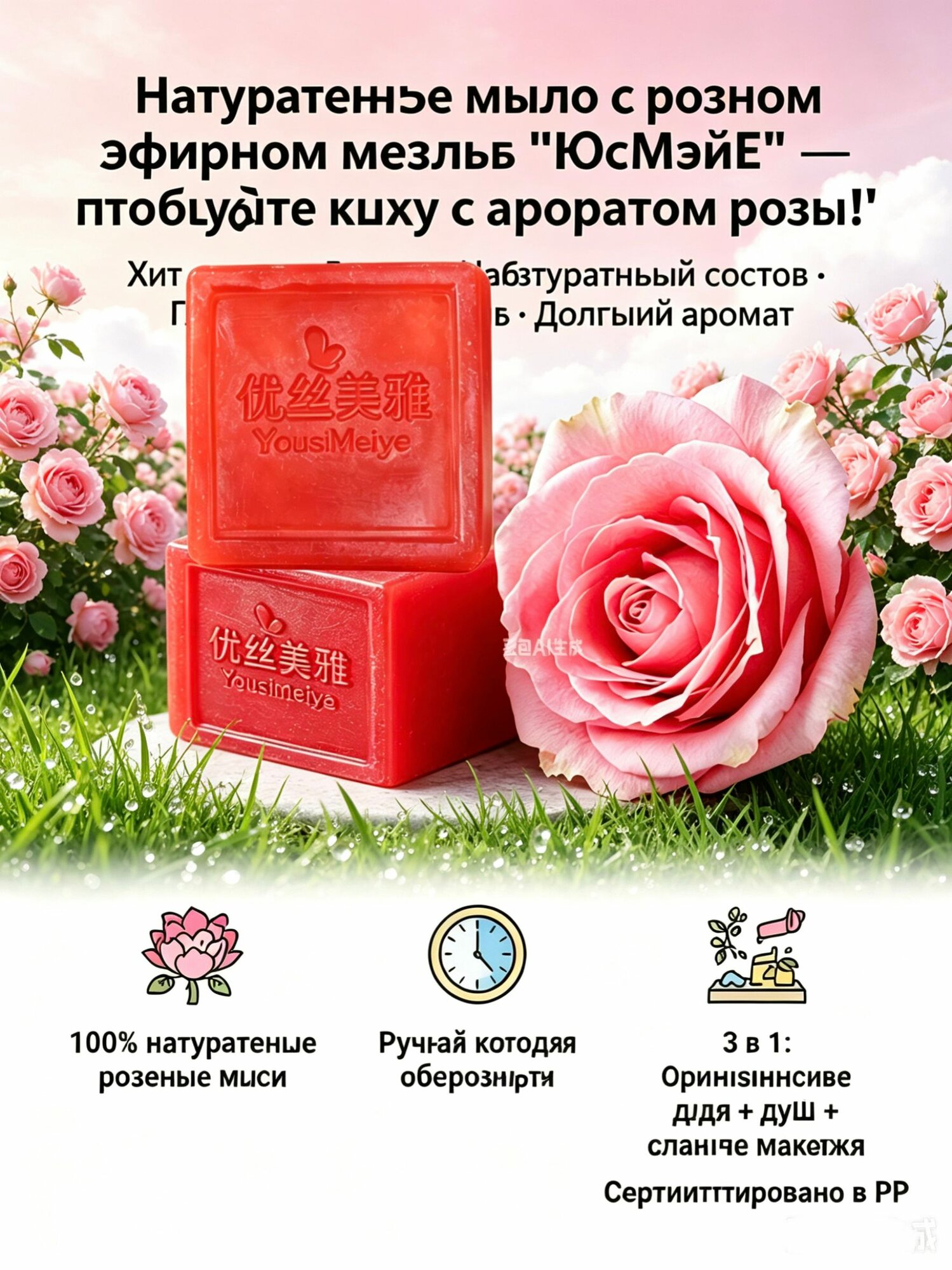 Мыло ручной работы с натуральным розовым эфирным маслом, увлажняющее питательное, для лица и тела, для чувствительной кожи, органическая натуральная косметика, идеальный подарок женщине