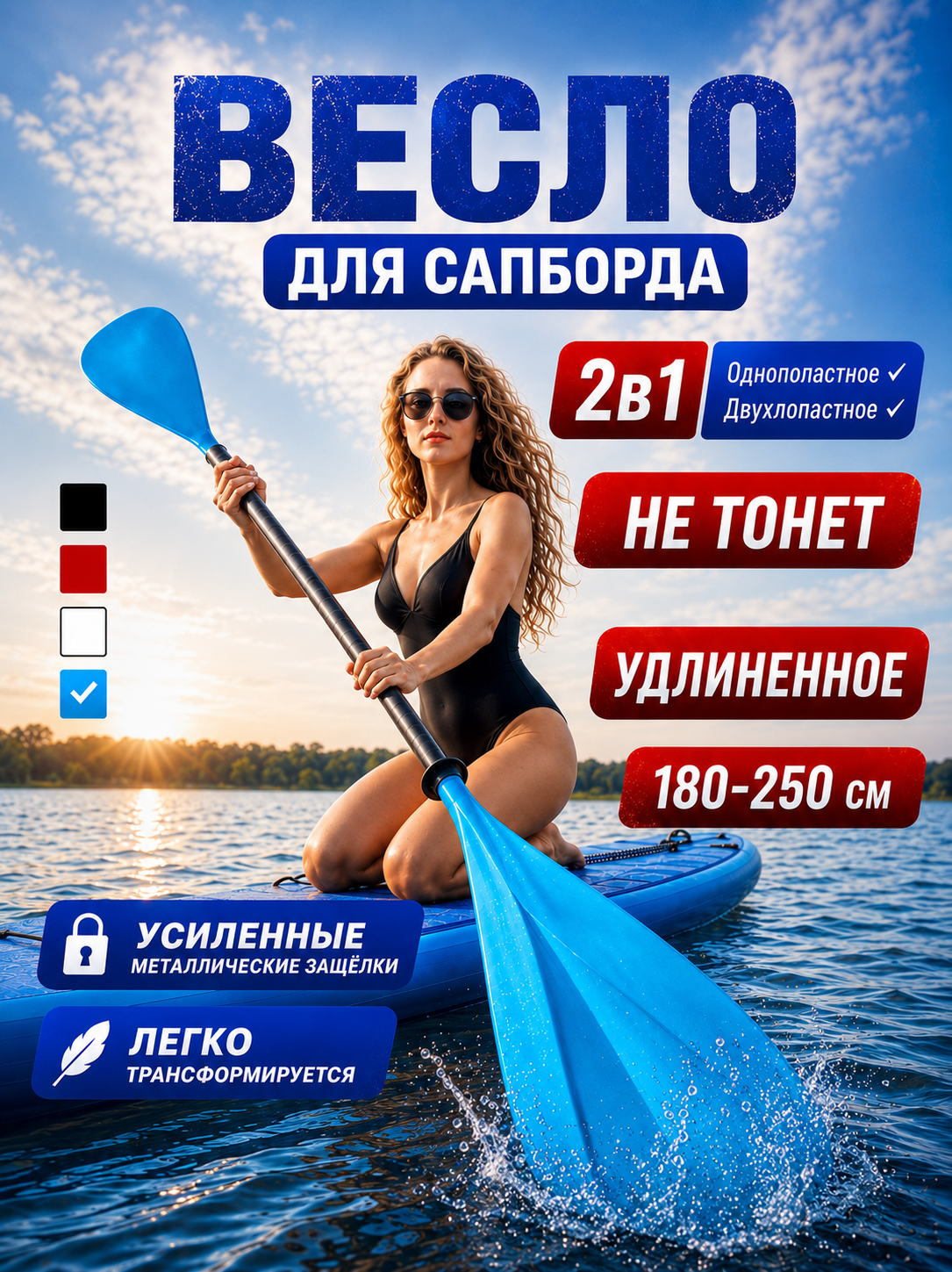 Весло усиленное удлиненное для SUP, каяка и сапборда одинарное и двухлопастное 2-в-1 с регулировкой от 180 см до 250 см