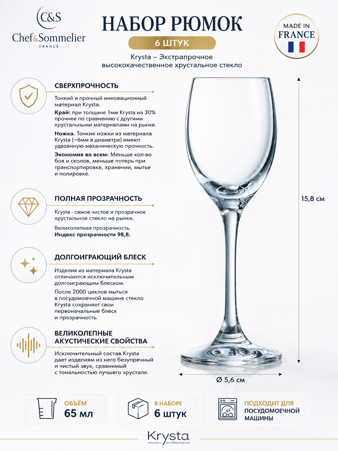 Набор рюмок Chef & Sommelier Spirits 6 штук по 65мл, диаметр 5,6 см, высота 15,8 см
