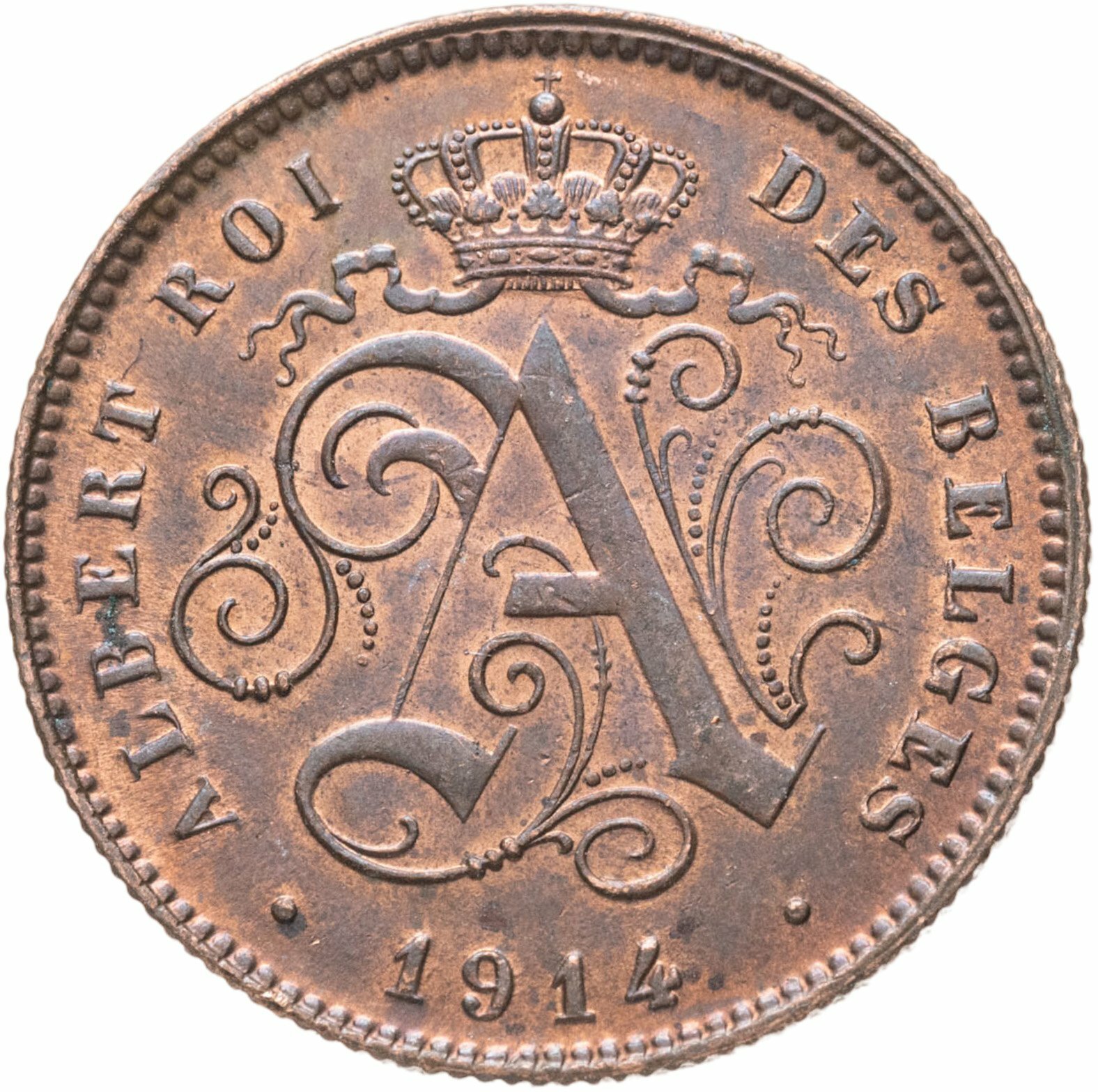 Бельгия 2 сантима centimes 1914 Надпись на французском - 'ALBERT ROI DES BELGES', Медь, в сохранности AU