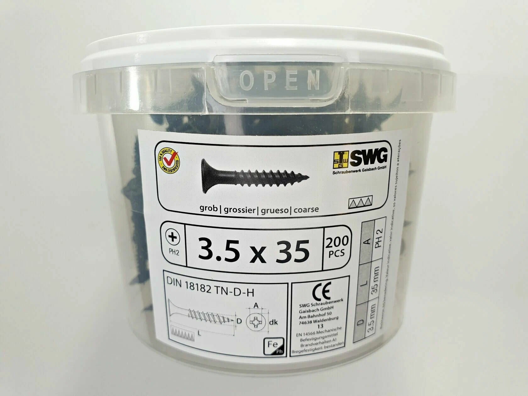 Саморез DIN 18182 Тип TN-D-H (без бура) 3.5x35 (200 pcs) SWG, Германия