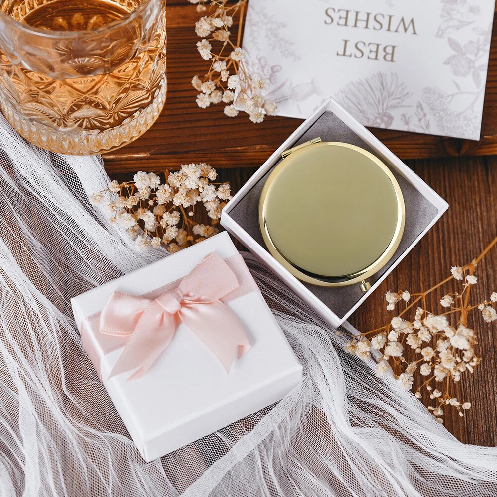 Портативное карманное зеркало Metal Gold Glitter Text, mirror with pink box