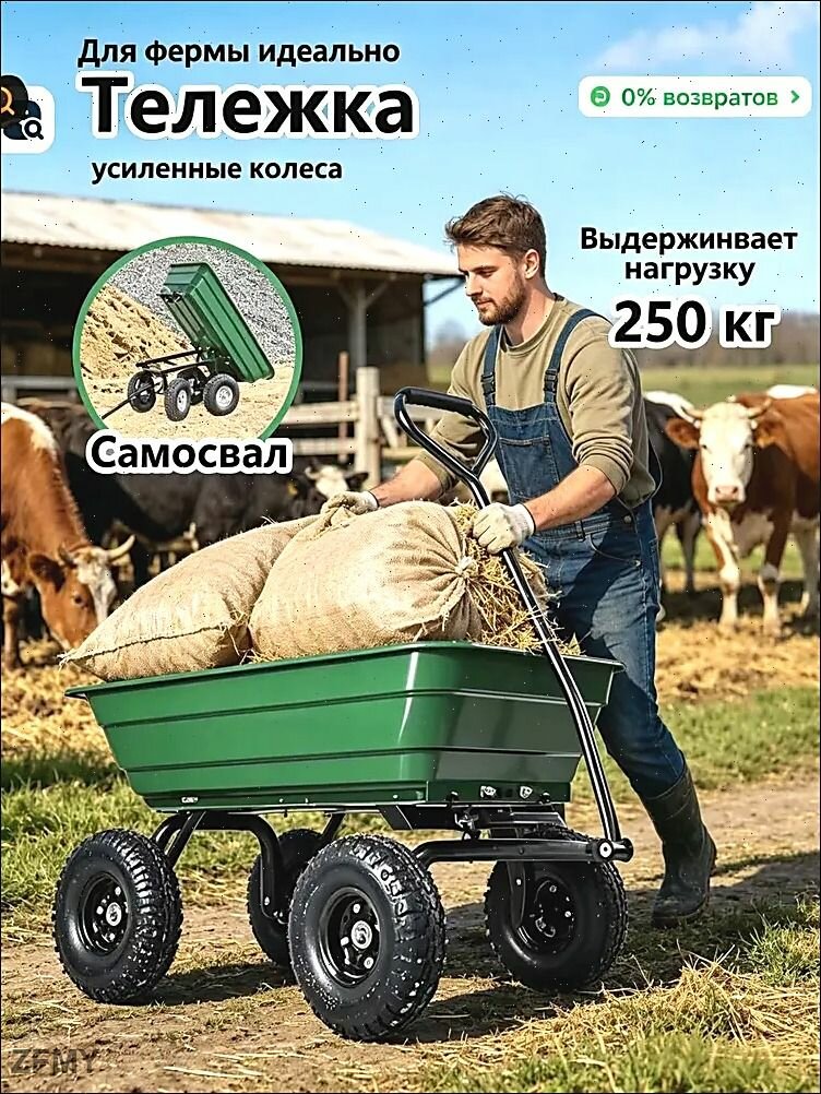 Тележка садовая на 4 колесах самосвал