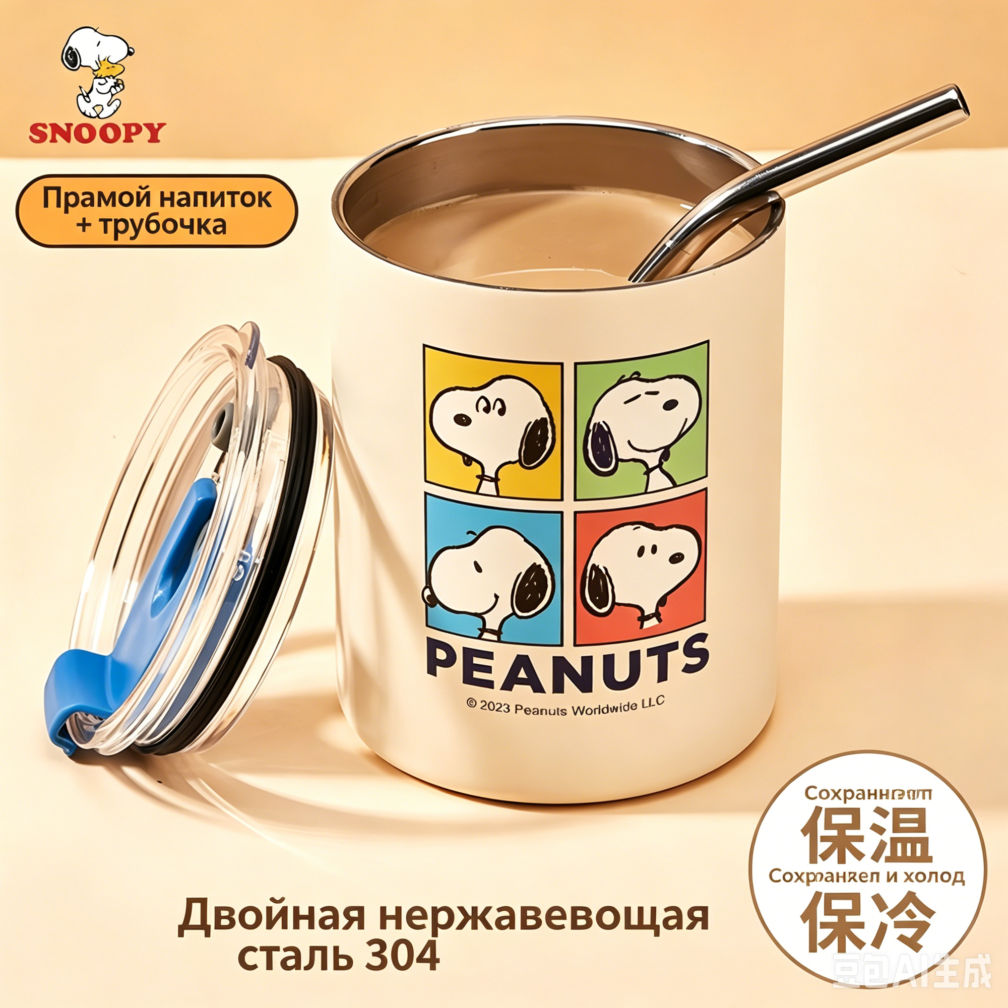 Термокружка Snoopy 350 мл MINISO Кофейная чашка, термос, соломинка, стакан для рабочих 304 нержавеющая сталь