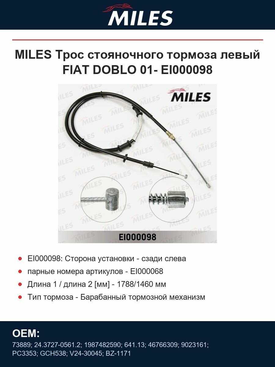 MILES Трос стояночного тормоза левый FIAT DOBLO 01- EI000098