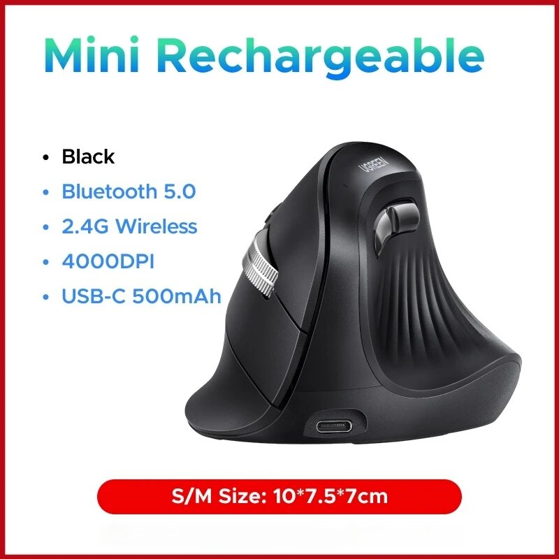 UGREEN вертикальная беспроводная мышь Bluetooth 4000DPI Черный, Mini Rechargeable