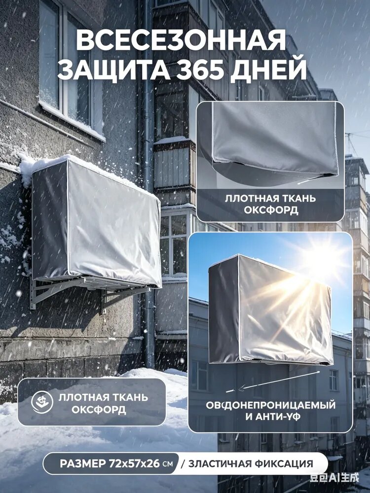 Чехол для кондиционера на внешний блок, 72x57x26 см - защитный водонепроницаемый тент из плотной ткани Оксфорд, всесезонный пылезащитный чехол для наружного блока от снега, дождя и солнца