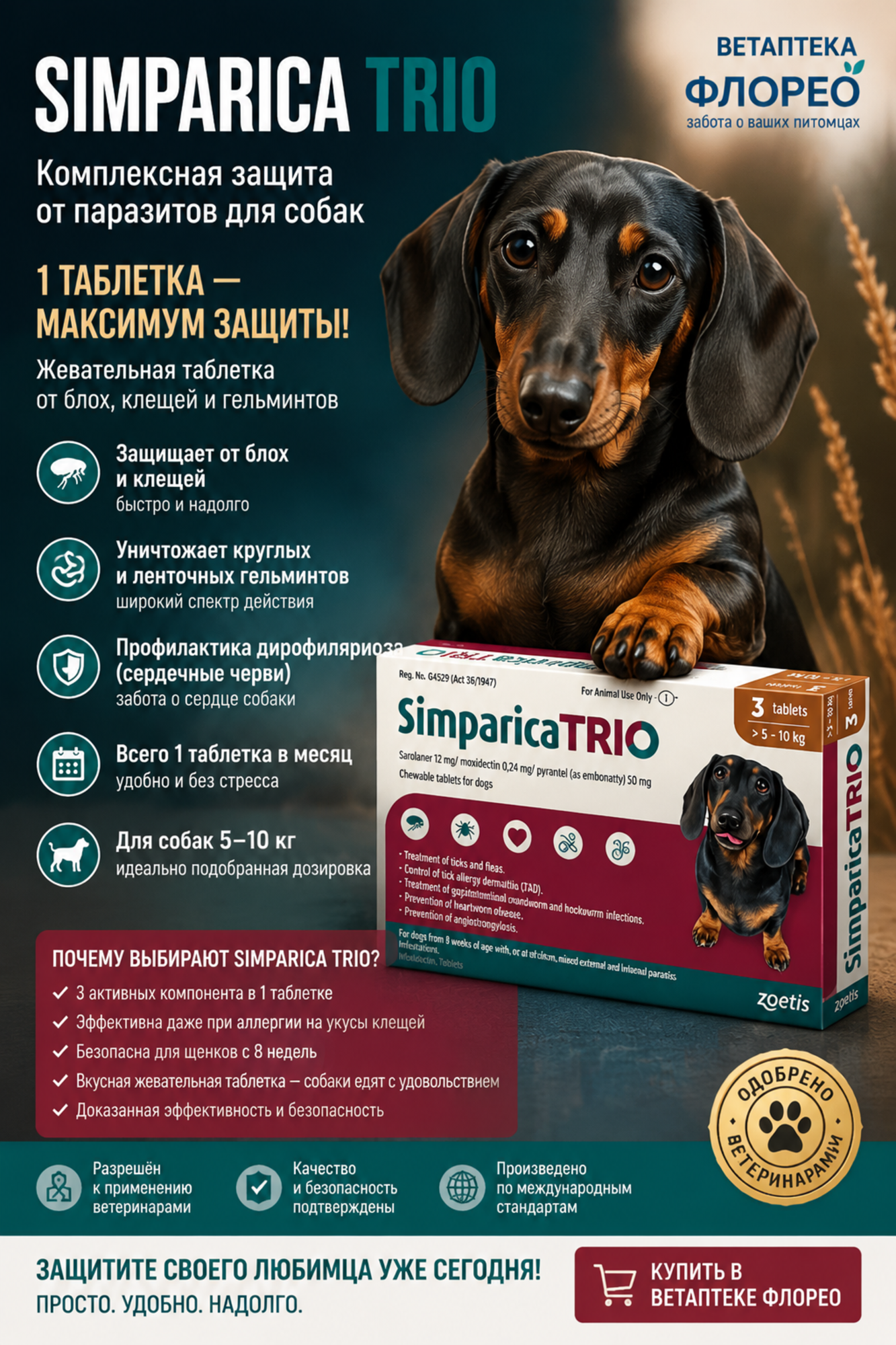 Симпарика трио, для собак 5-10 кг, защита от блох и клещей, срок 08/2025