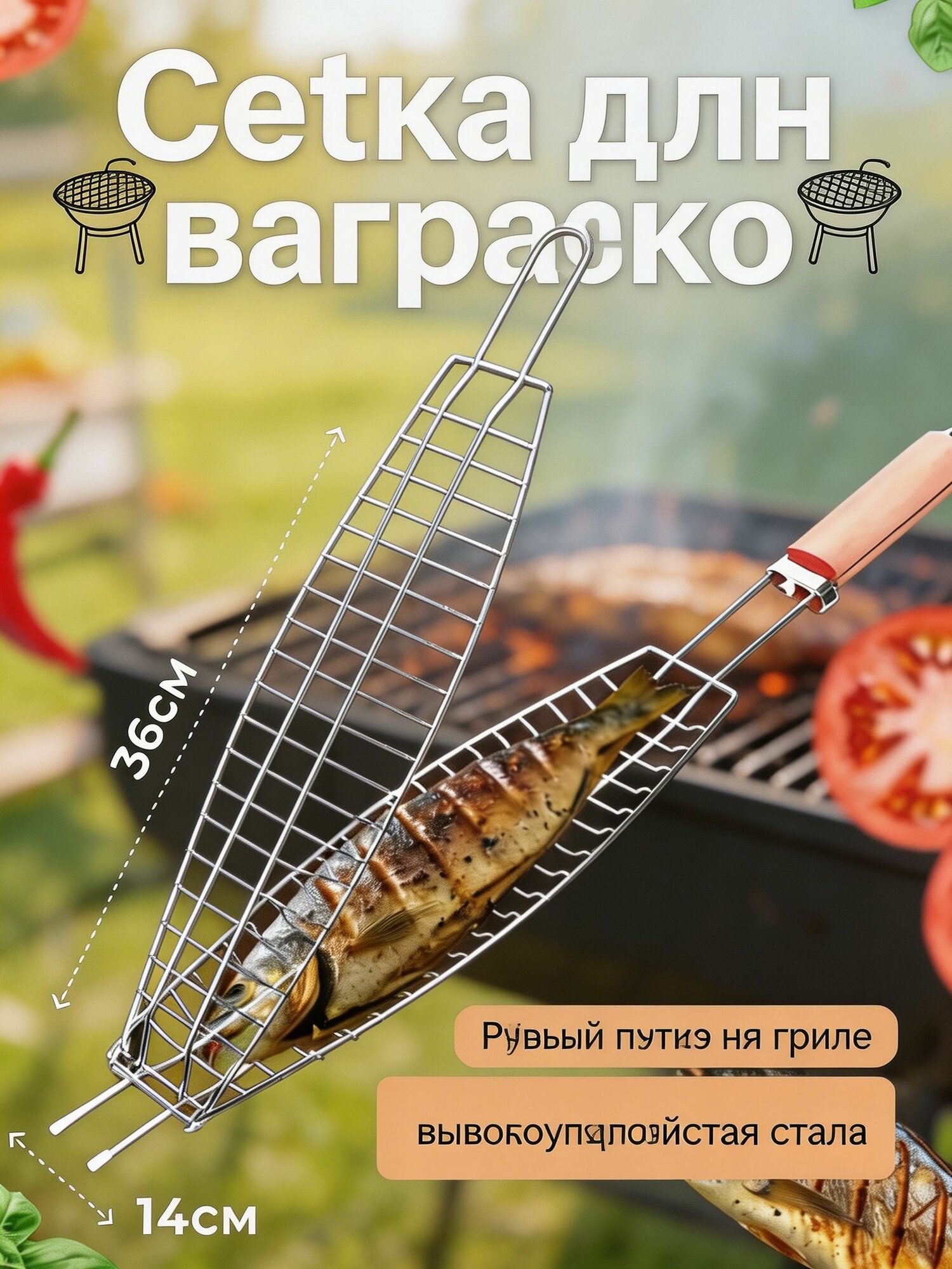 Решетка-гриль Нержавеющая сталь, длина 32 см, ширина 14 см,
