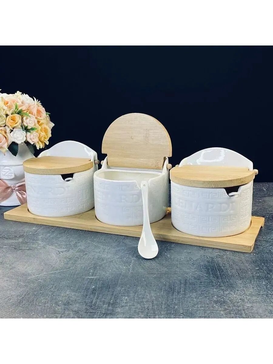 Банки с ложками набор 3 шт на подставке Lenardi Bamboo, фарф