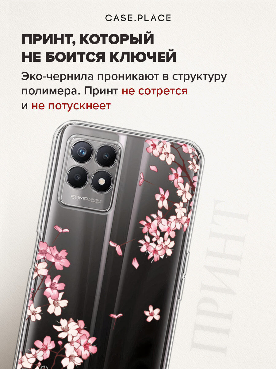 Чехол на Realme 8i / Реалми 8i с принтом "Ветви сакуры 1", прозрачный — фото 1