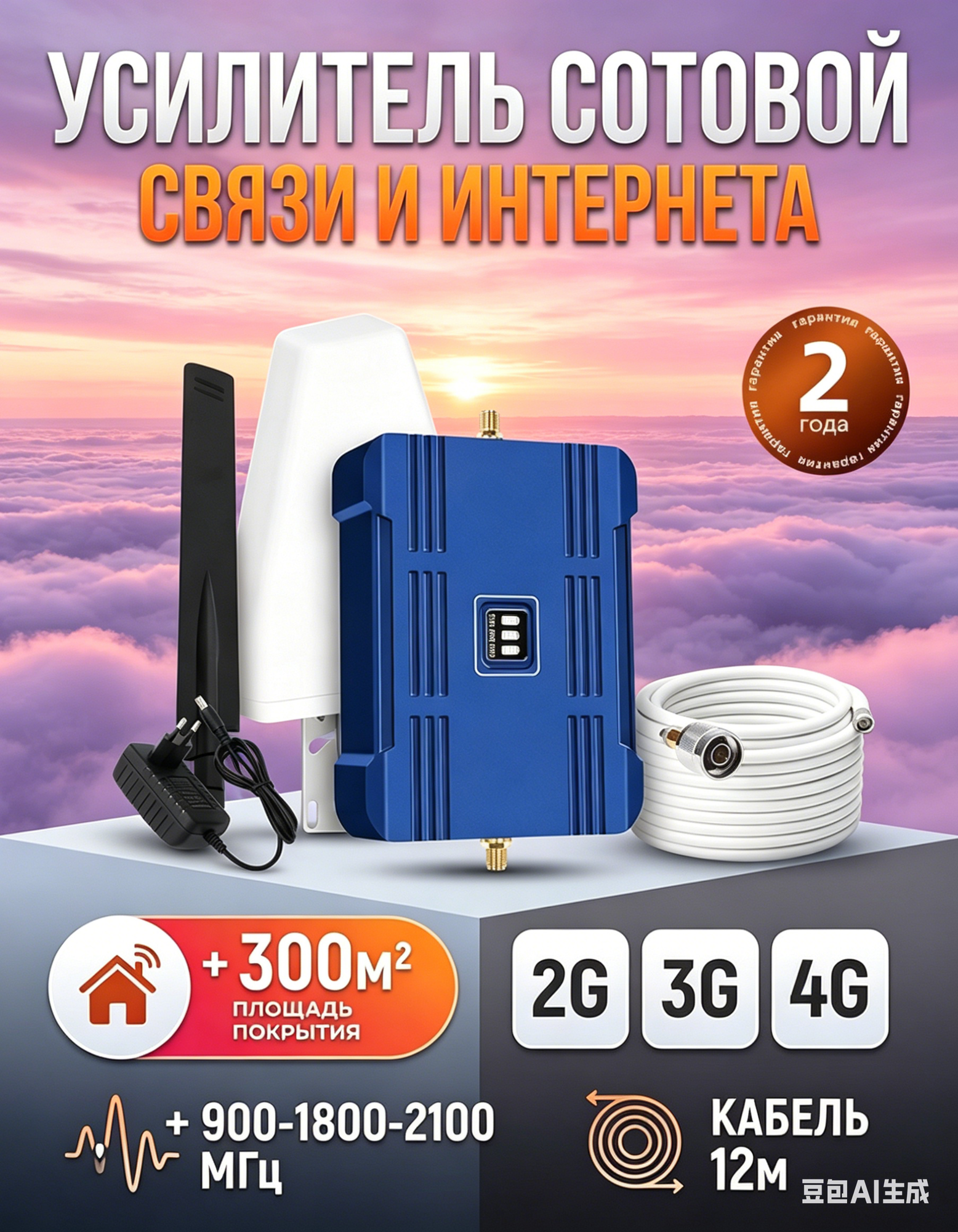 Усилитель сотовой связи 900/1800/2100 МГц (2G/3G/4G): до 70 км, направленный, синий, 1.3 кг