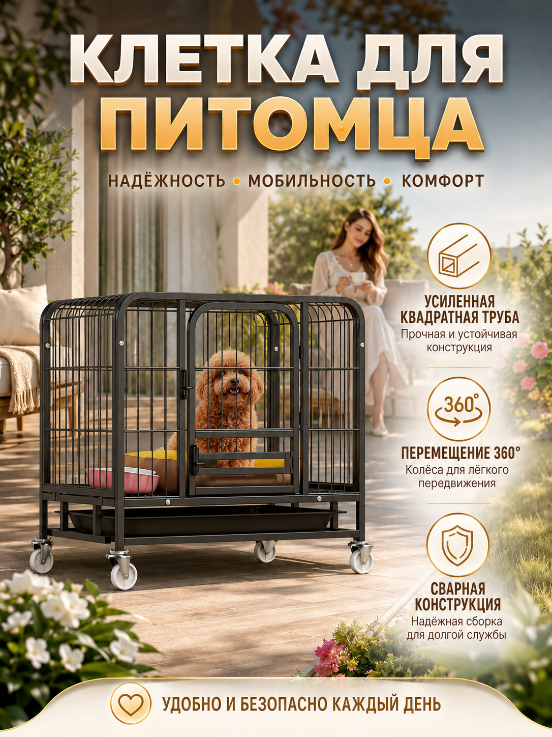 Клетка для питомца передвижная с поддоном для уборки, прочная сварная рама из профильной трубы для собак небольших размеров в квартире