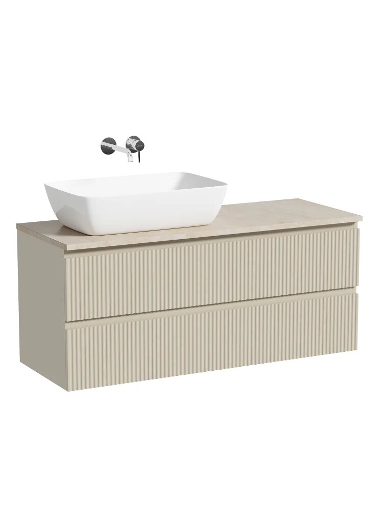 Тумба с раковиной Sancos Сноб Р (Snob R) 120 L подвесная, 120 см, со столешницей, бежевая, из МДФ, с ящиками, раковина для ванной, фарфоровая, прямоугольная