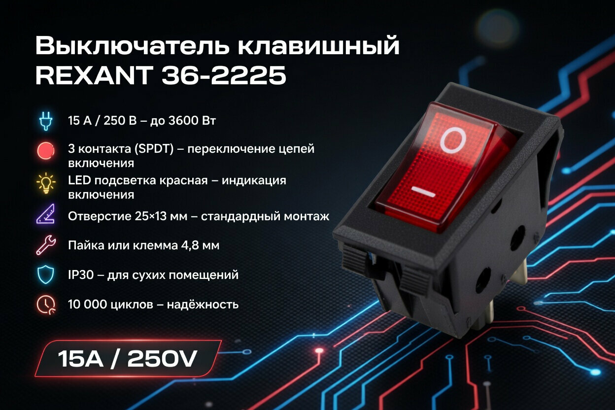 Выключатель клавишный REXANT 36-2225 15А 250В 3-контактный с подсветкой красный для панельного монтажа