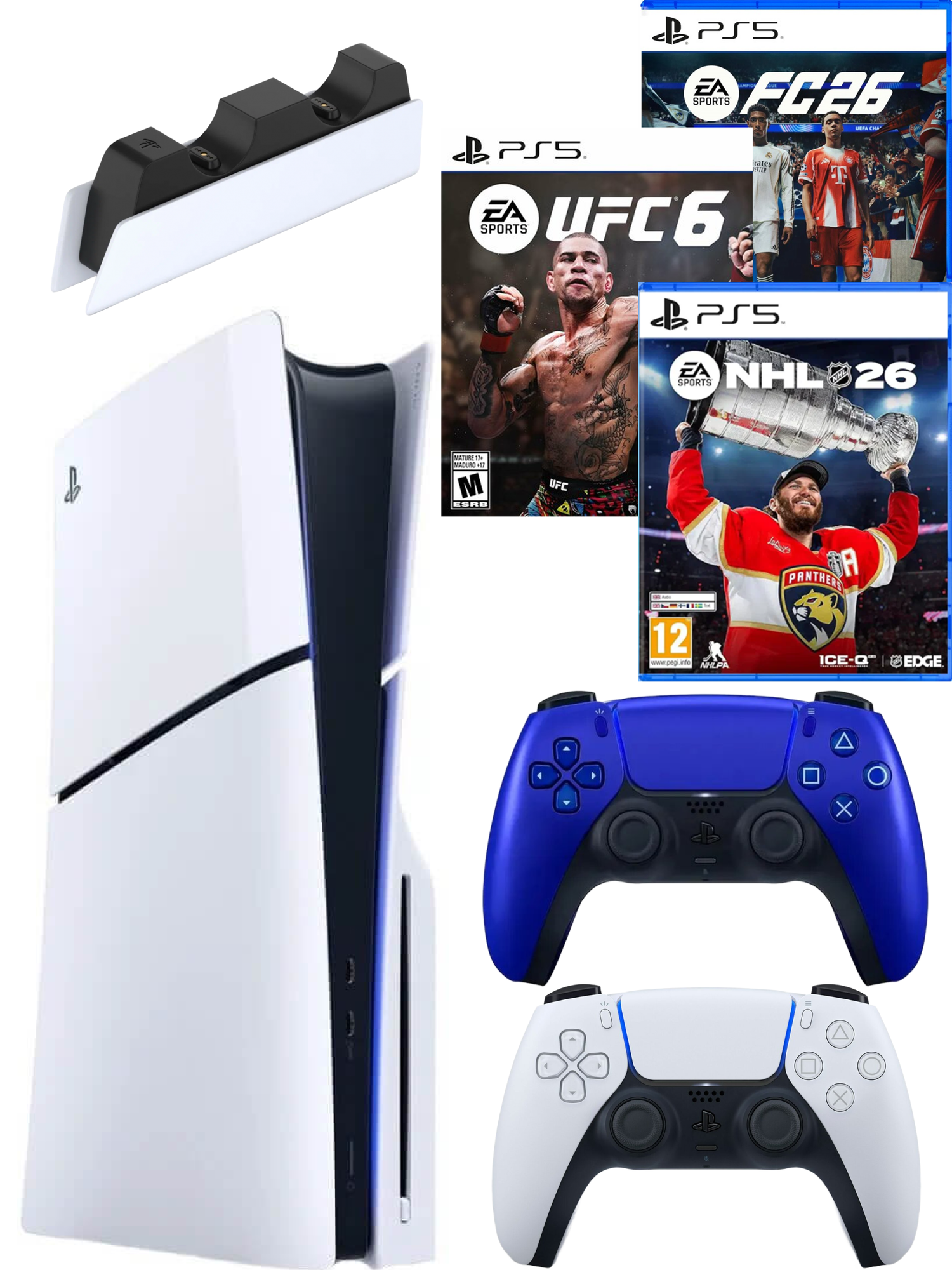 Игровая приставка Sony PS 5 Slim, 1ТБ(с дисководом)+2 геймпад+Зарядная станция+Комплект из 3 игр (FC26, UFC6, NHL2026)