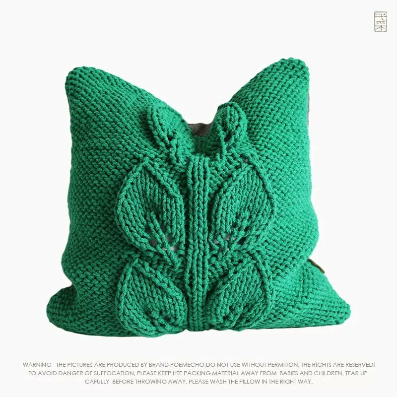 Ручная вязка хлопковой нити листовой узор подушка, зеленый, 35x50см, без наполнителя, домашний декор