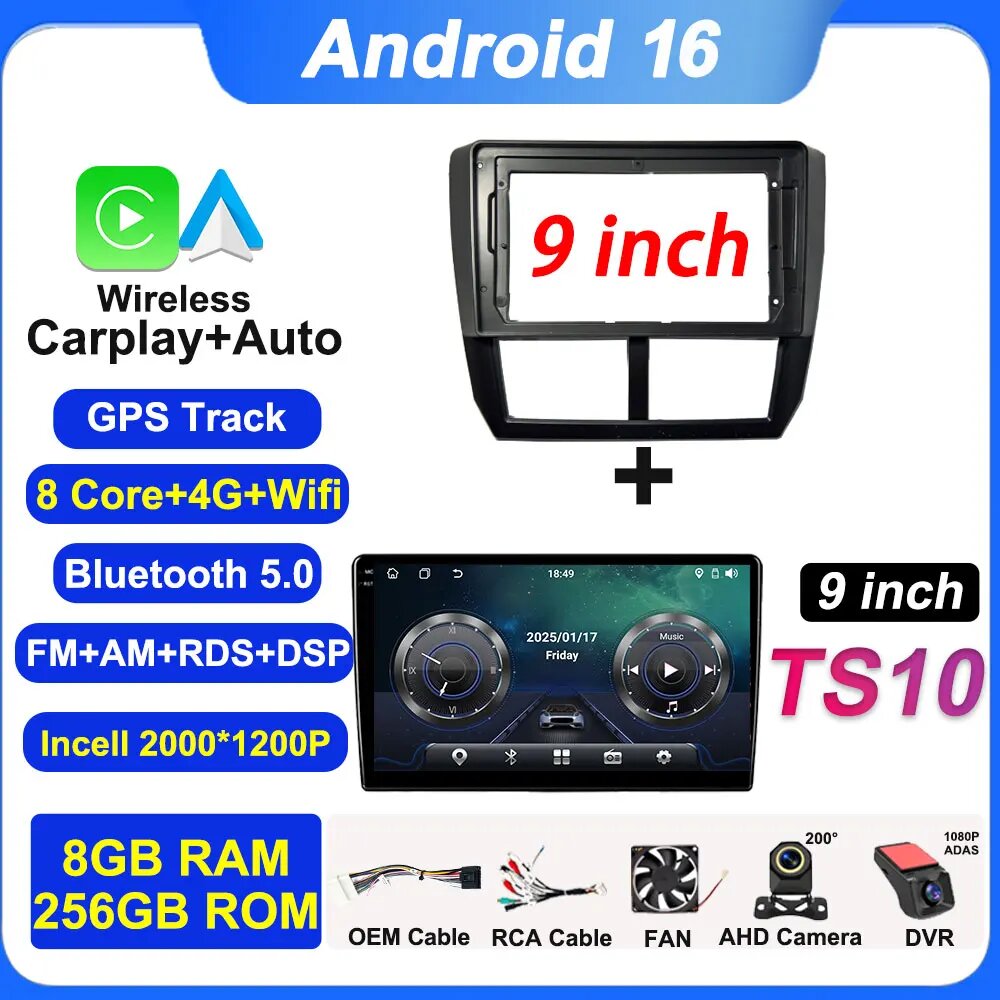 Автомагнитола Android 16 9" для Subaru Forester/Impreza 2007-2013, Carplay, GPS, Bluetooth 5.0