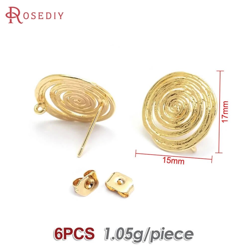 Серьги-гвоздики Rosediy золотого цвета из латуни Бежевый, 18K Gold Color, 17x15MM 6PCS