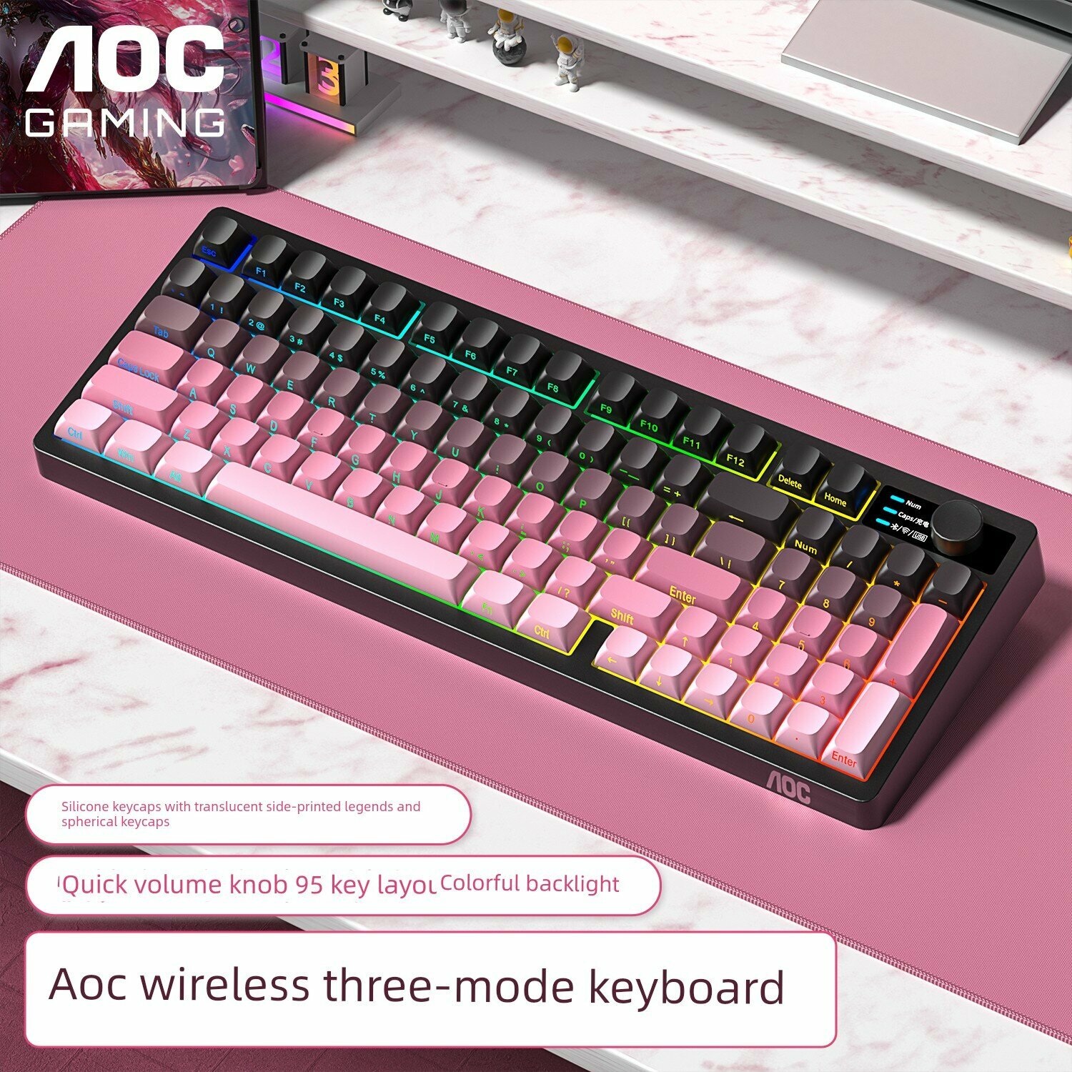 AOC GK220 беспроводная механическая клавиатура 95-клавиш с боковой гравировкой, цвет малиновый розовый