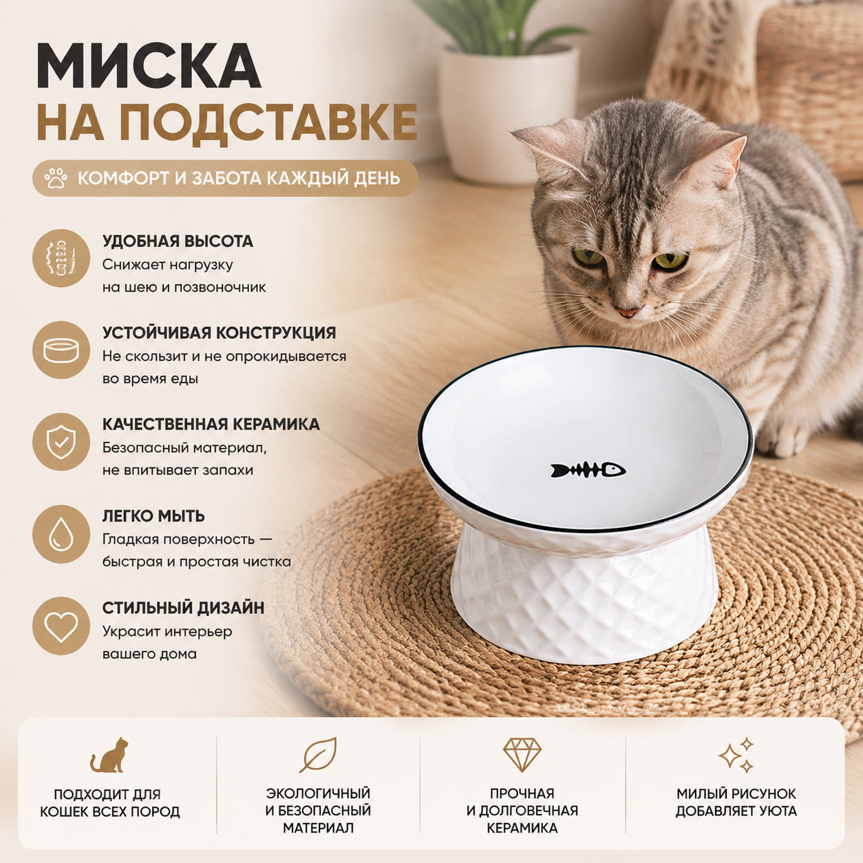 Керамическая миска для кошек на высокой подставке, защищает шею кошки, против опрокидывания