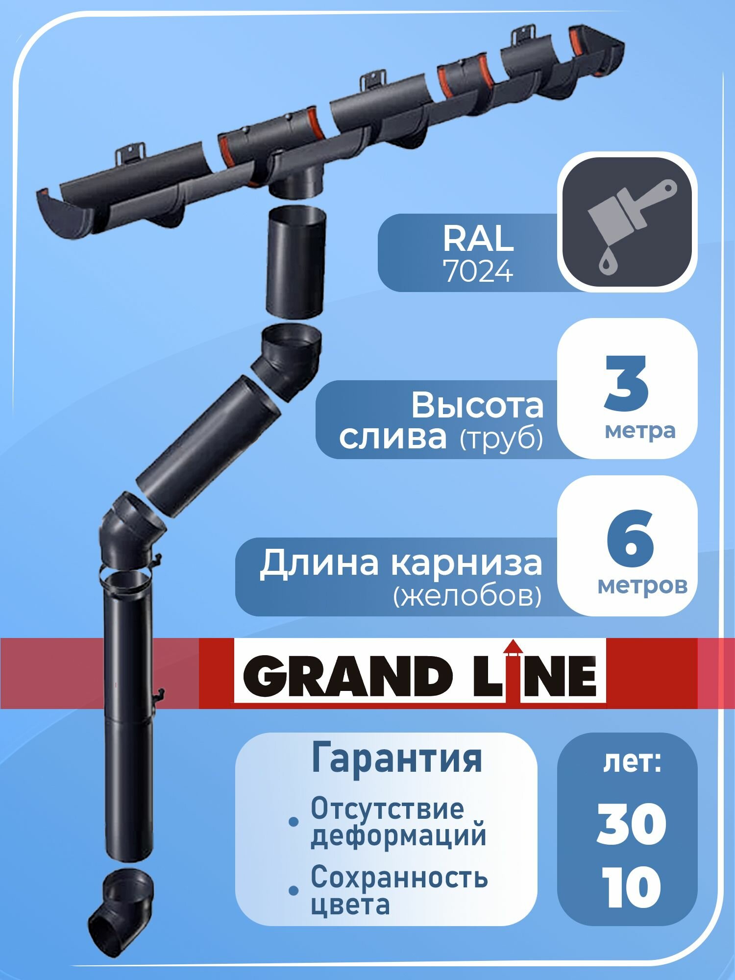 Grand Line Водосточная система (длина 6 м /высота 3 м) серый 1 слив RAL 7024 графит , водосток для крыши пластиковый Гранд Лайн ( 120 мм/ 90 мм ) комплект элементов ПВХ