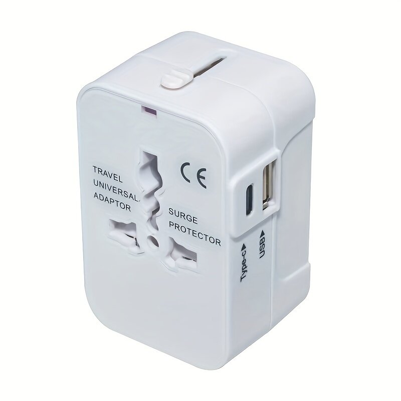 Универсальный дорожный адаптер-зарядное устройство с портами USB и Type-C, сетевой переходник для розеток US/EU/UK/AUS, белый