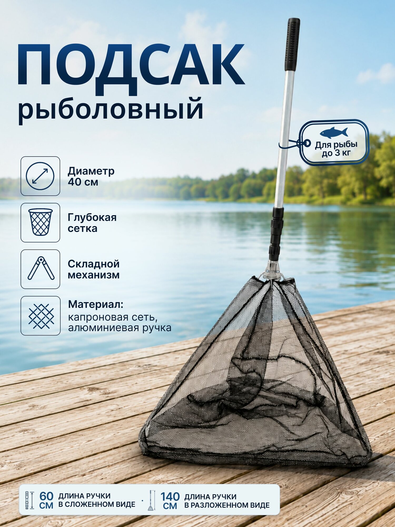 Подсак рыболовный складной телескопический, подсачек для рыбалки универсальный, алюминиевый, для спиннинга, карпа, щуки, лодки и берега складной 170/40см