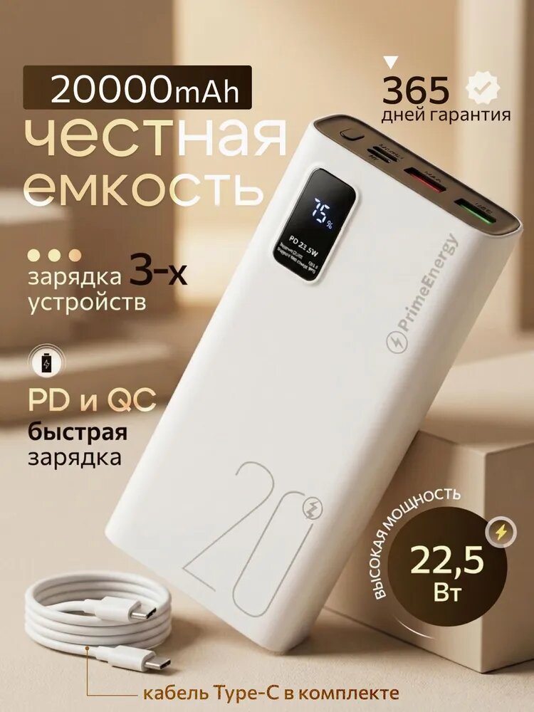 Повербанк Powerbank 20000mah с быстрой зарядкой для айфона, пауэрбанк внешний аккумулятор для телефона, белый