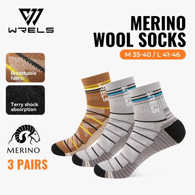 Носки WRELS из мериносовой шерсти 1/2/3 пары: теплые, утеплительные, для походов, с подушкой, потоотводящие, дышащие, с компрессией - 3 пары A