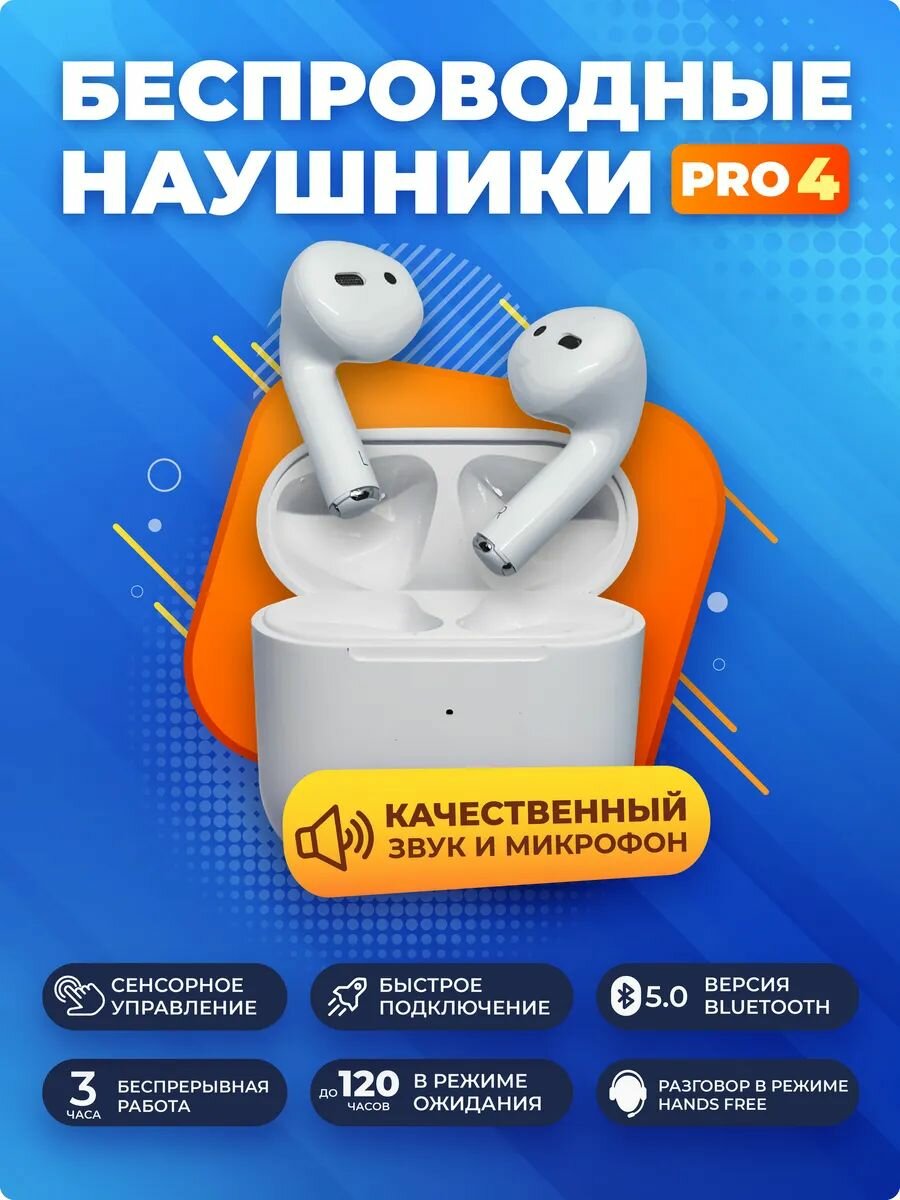 Беспроводные TWS-наушники App.le Air.Pods 4 для iPhone и Android с шумоподавлением, Bluetooth 5.0, защитой от влаги, USB Type-C идеальный подарок 2024 для музыки, звонков и спорта (белый)