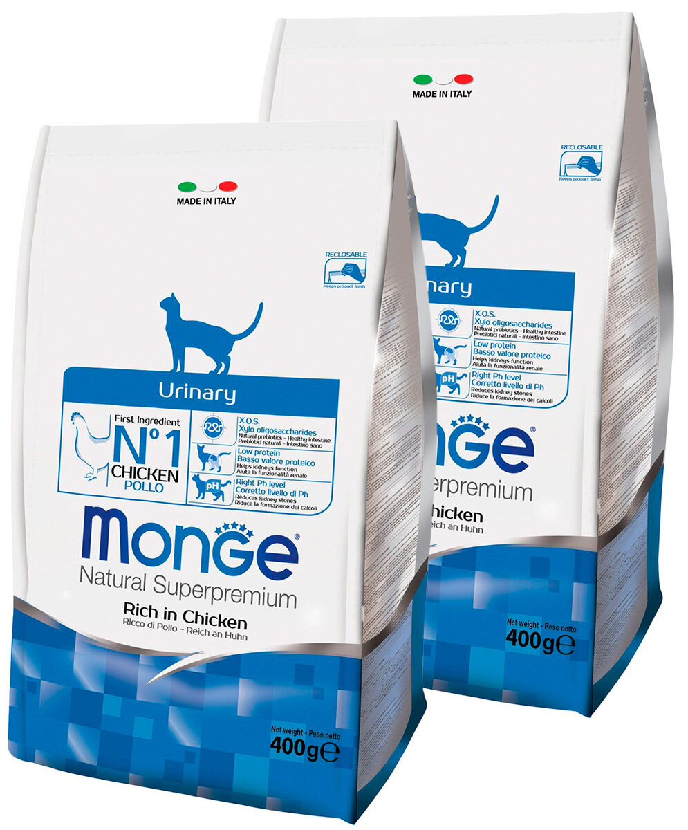 Корм сухой Monge Cat Urinary Chicken для взрослых кошек при мочекаменной болезни, курица, 0,4 кг 2 шт
