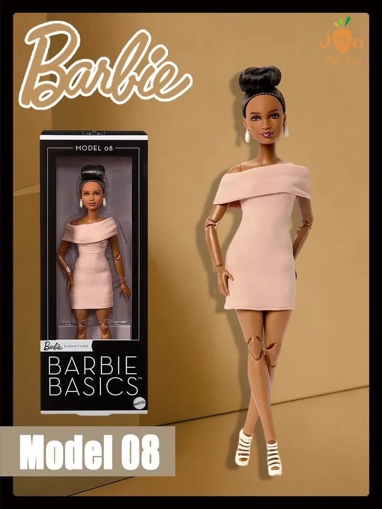Кукла Mattel Basics Model 2026 Neutrals Series Model 08, Коллекционная совместная подвижная кукла Барби, с темными волосами, в коричневом платье и на каблуках с ремешками, JJX27