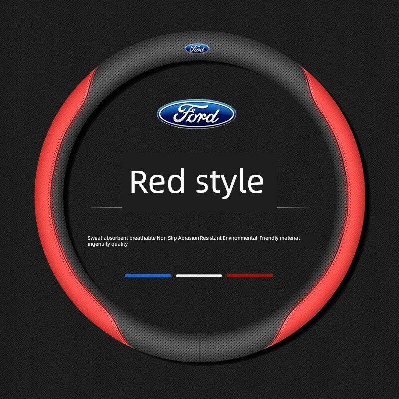 Кожаный чехол на рулевое колесо Ford Ecosport, красный цвет, с логотипом, 2013-2019 автомобили