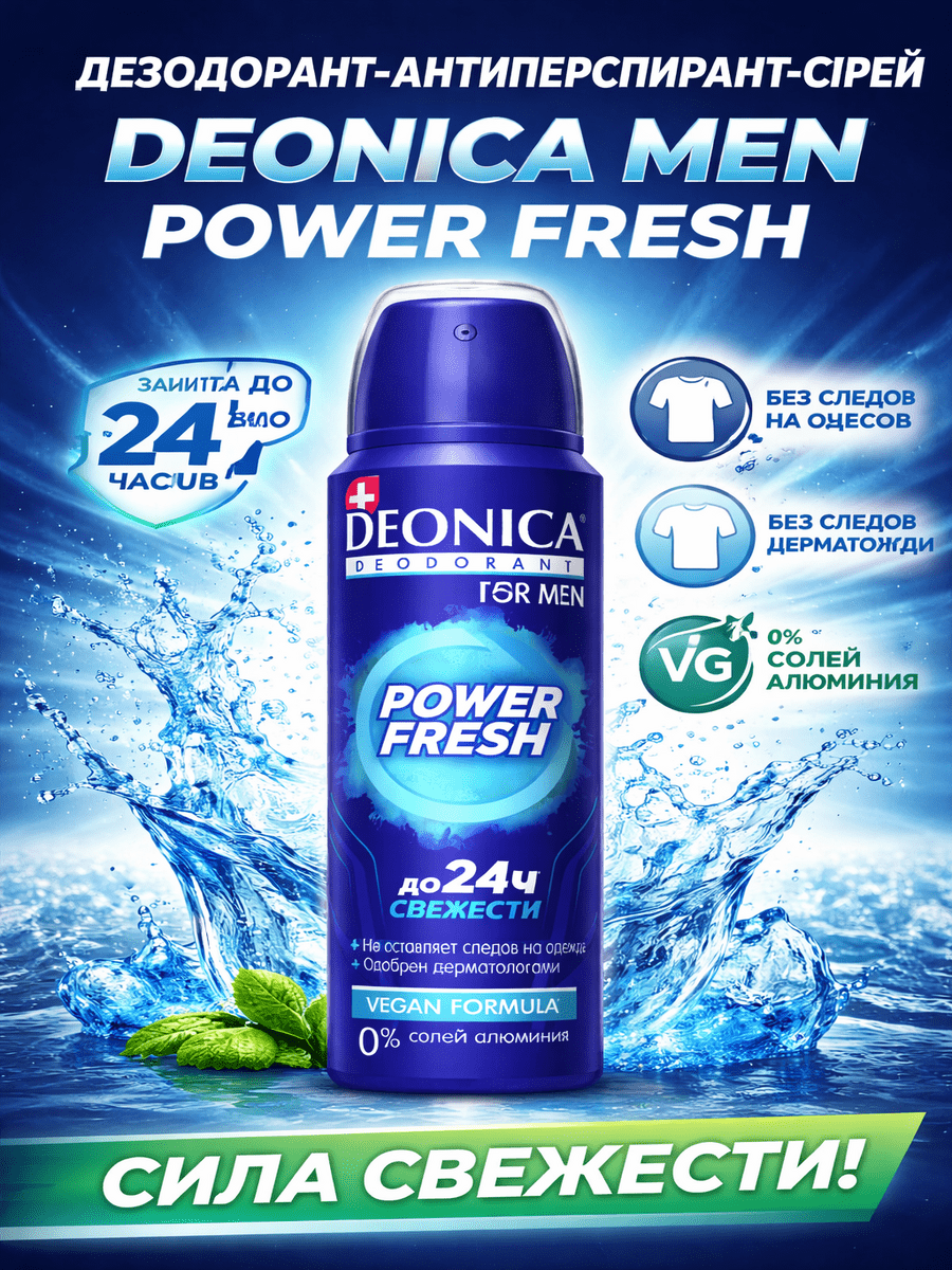 Дезодорант-антиперспирант-спрей Deonica Men Power Fresh, 150мл