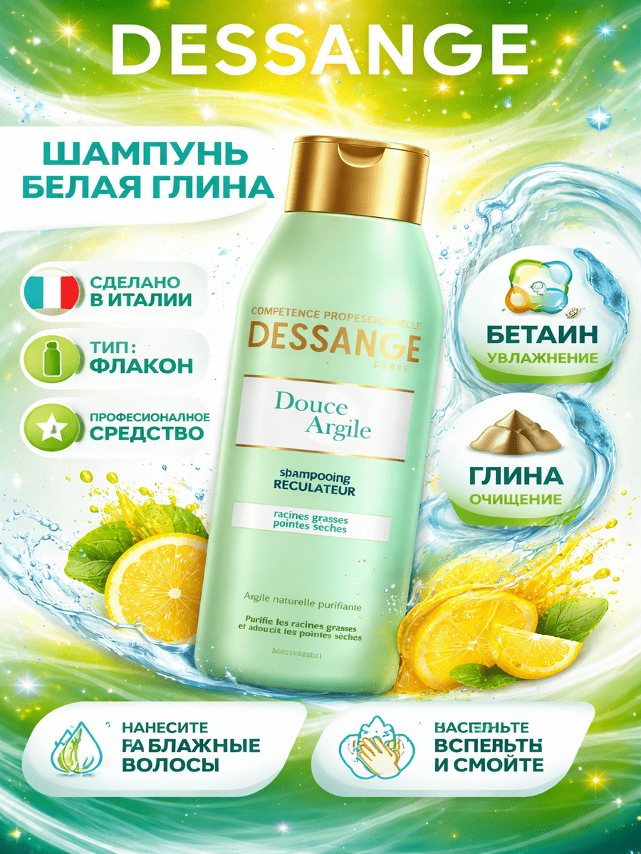 Шампунь Dessange Белая глина для волос жирных у корней и сухих на кончиках, 250мл