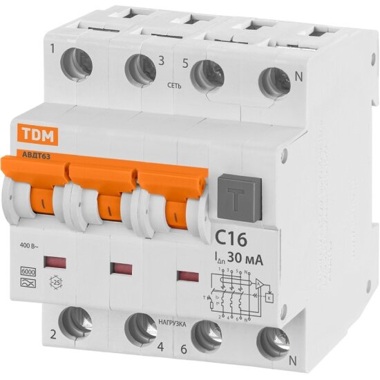 Дифференциальный автомат Tdm Electric АВДТ 63 4P(3Р+N) C16 30мА 6кА тип А (SQ0202-0017)