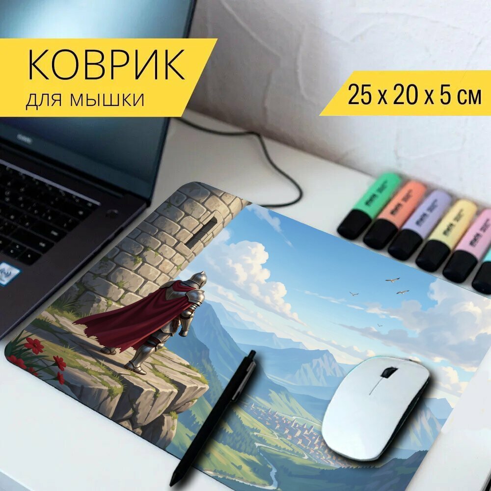 Коврик для мыши с принтом "Рыцарь на краю скалы. Воин в серебряных доспехах и алом плаще стоит у древней башни над долиной, любуясь горами, городом и рекой; светлая." 25x20см.