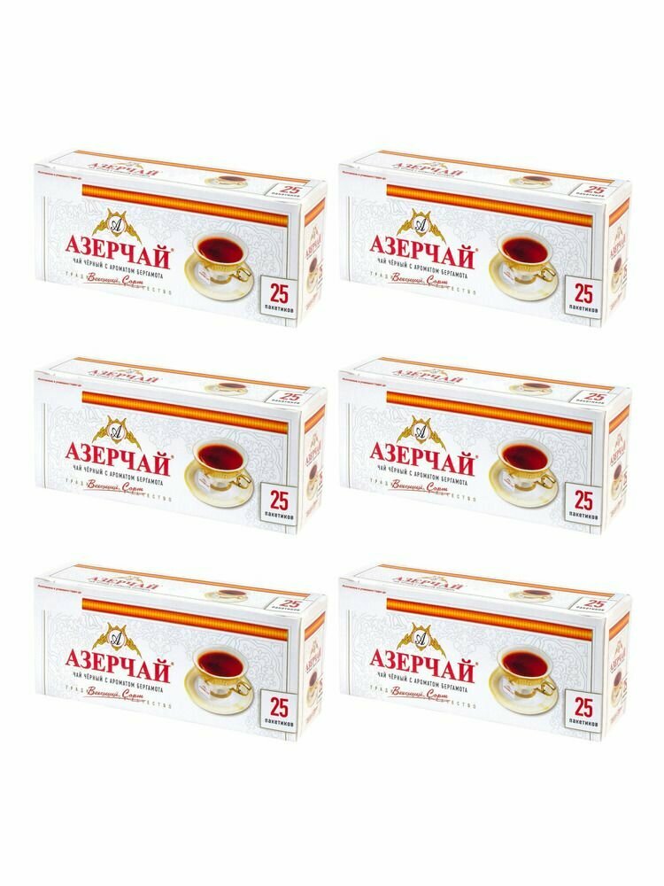Азерчай Чай черный байховый с бергамотом 25 пакетиков по 2г, 50 г, 6 шт