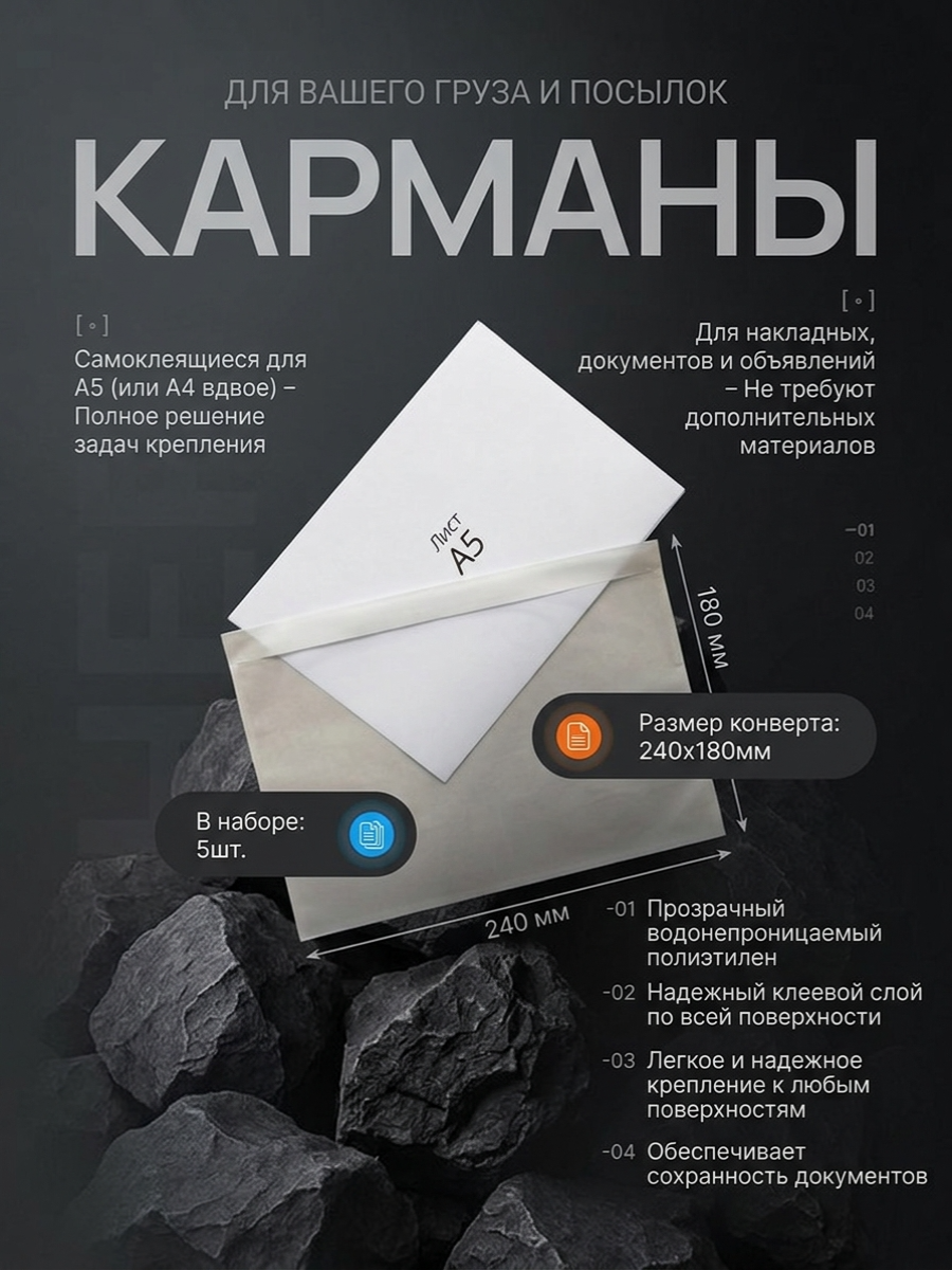 Карманы самоклеящиеся для сопроводительных документов, для вложений А5 (240х180мм), 5 шт.