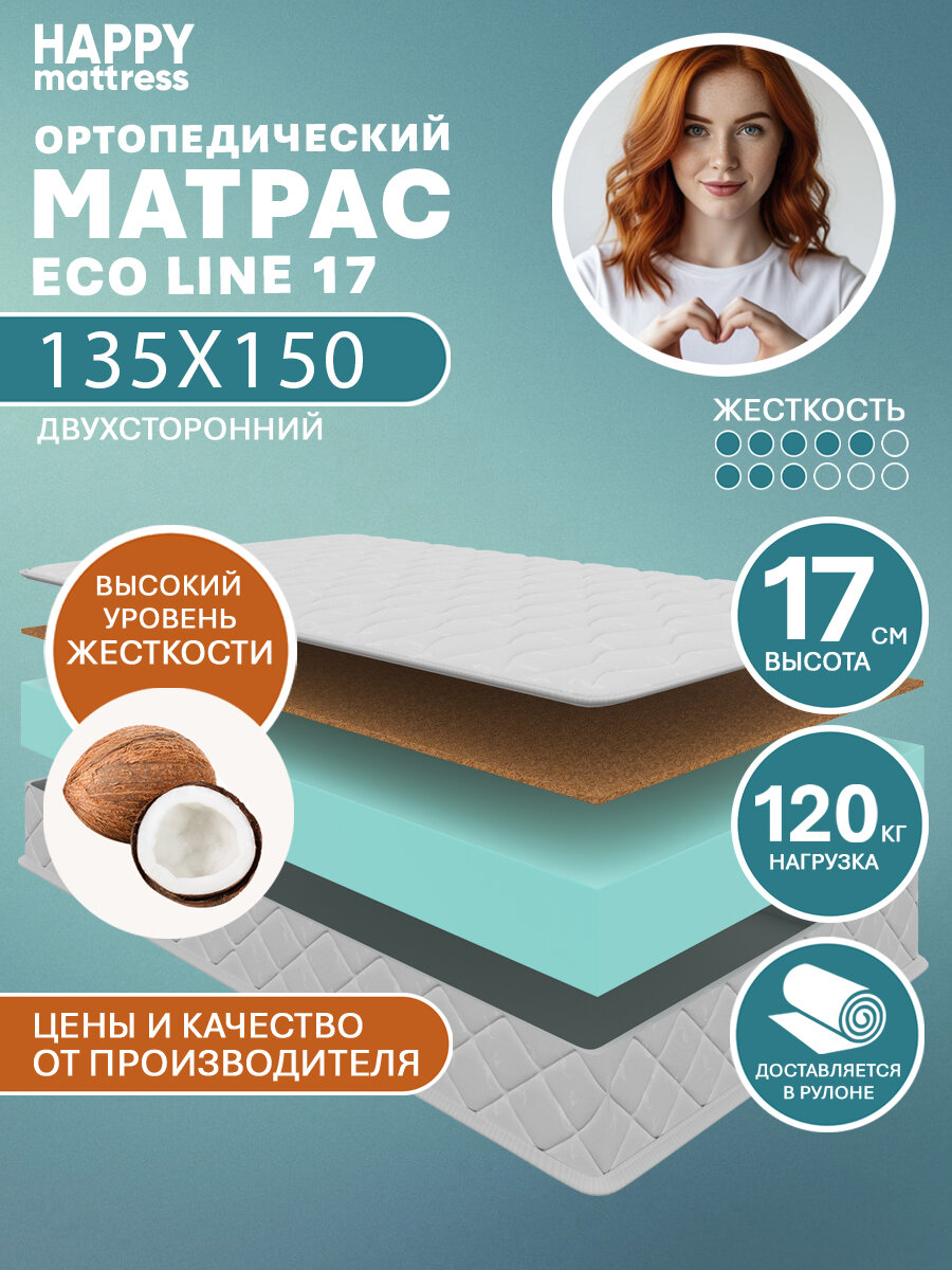 Матрас HAPPY MATTRESS ECO LINE 17 ортопедический, пружинный, на кровать и диван, высота 17 см, 135х150 см